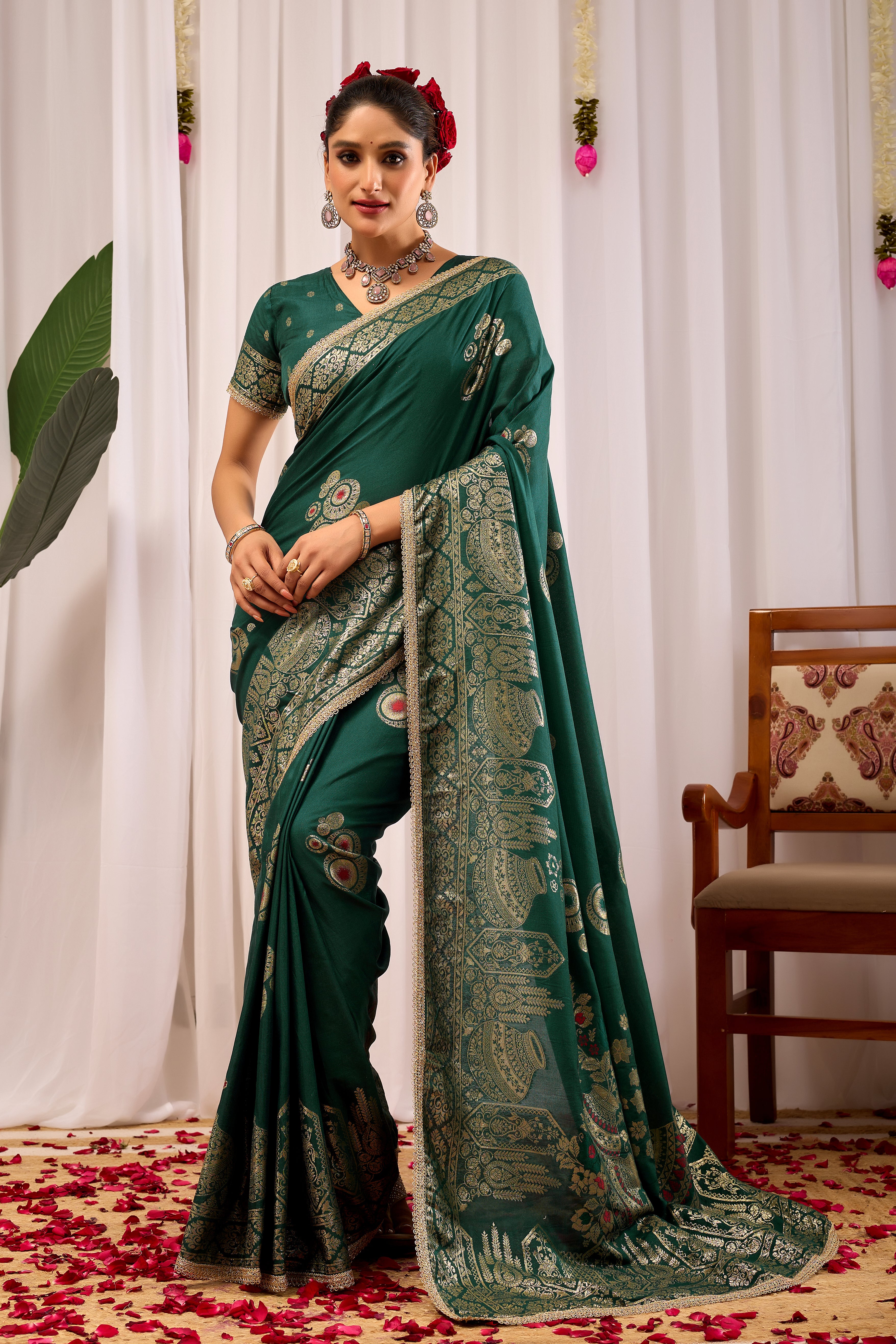 Emerald Royale satin Silk Saree with Antique Gold Zari Paisley Weaving ...