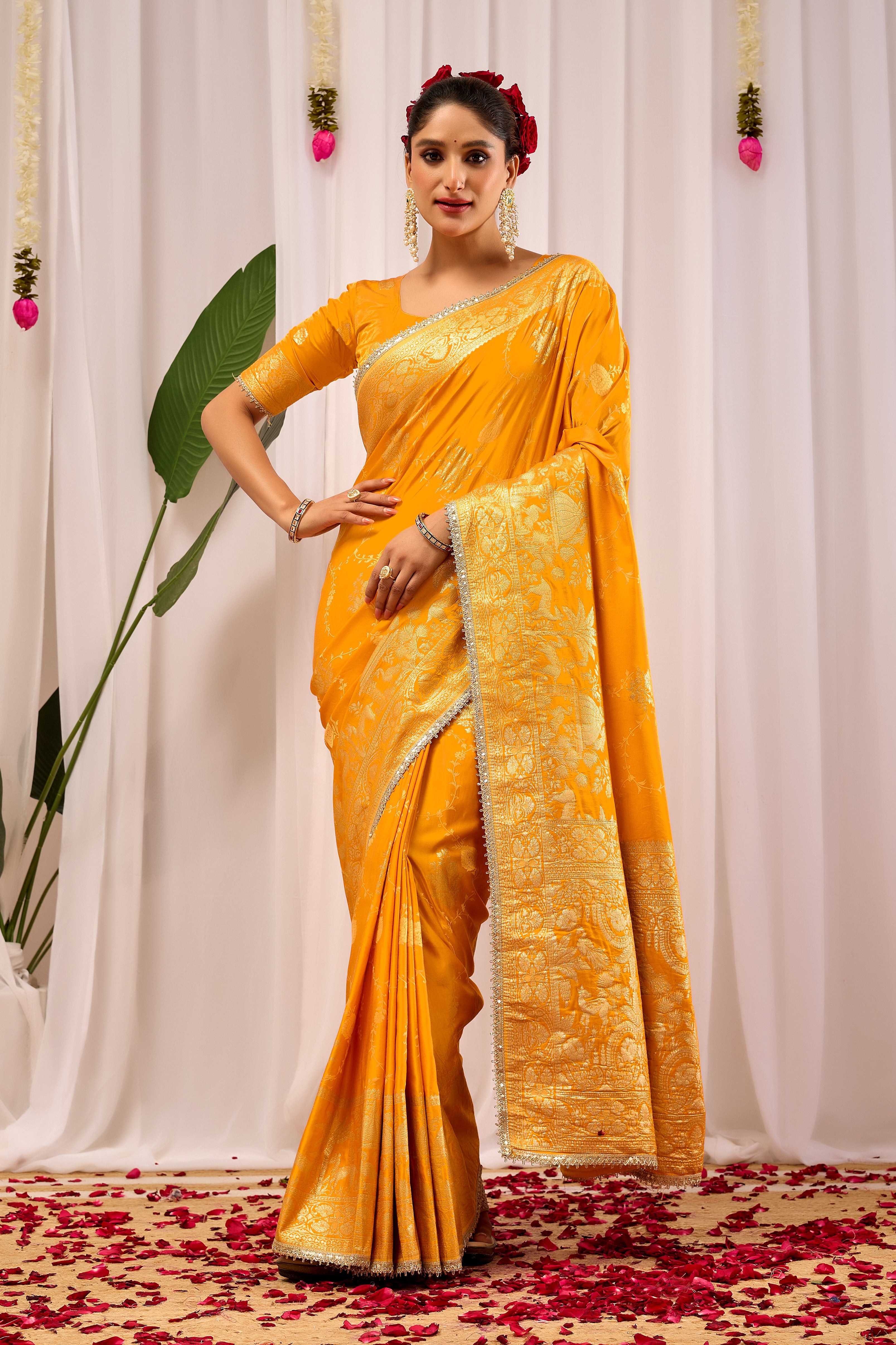 Radiant Mustard Yellow Pure Silk Satin Saree with Antique Gold Zari We ...