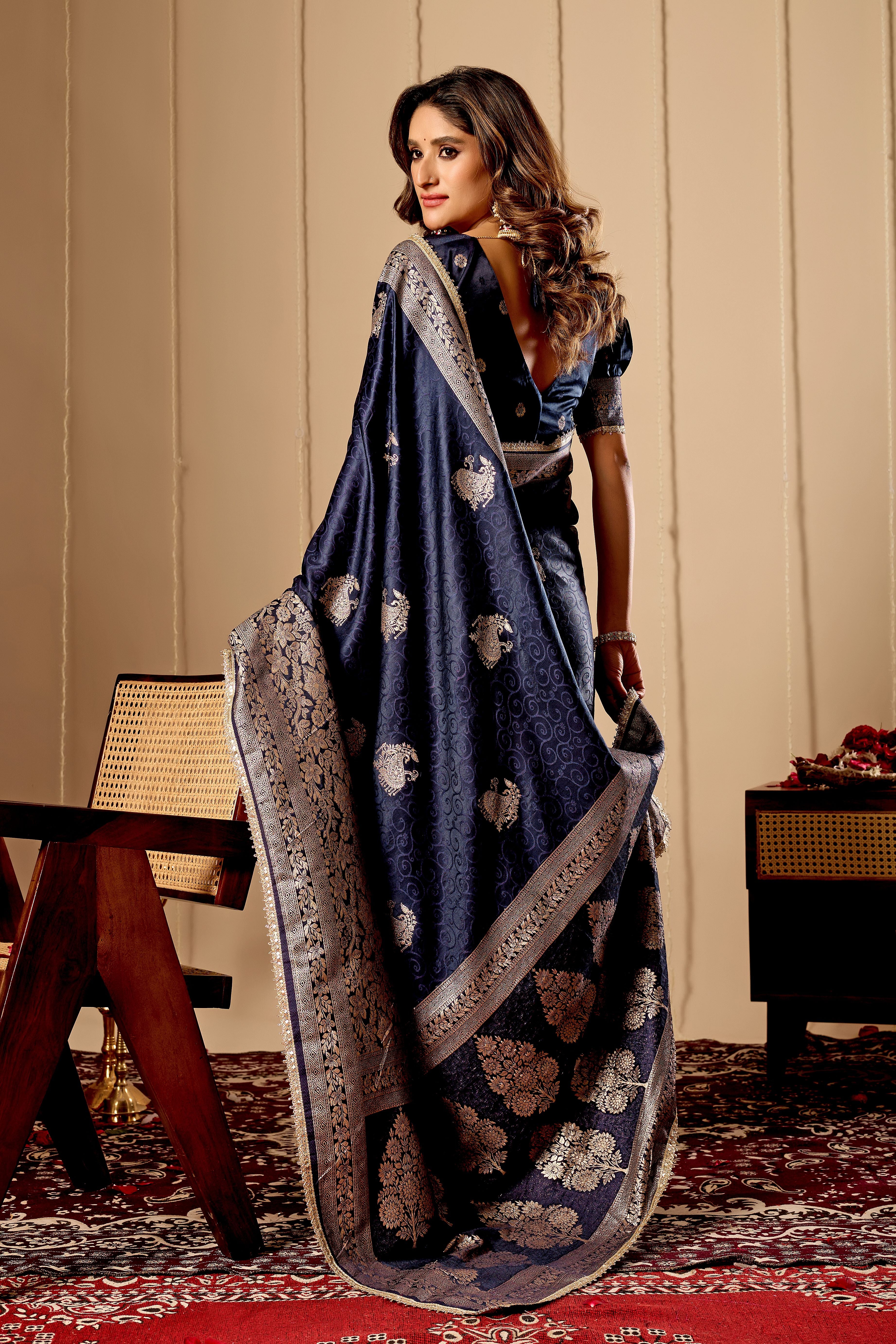 Royal Midnight Blue Satin Silk Saree with Antique Silver Zari Motifs ...