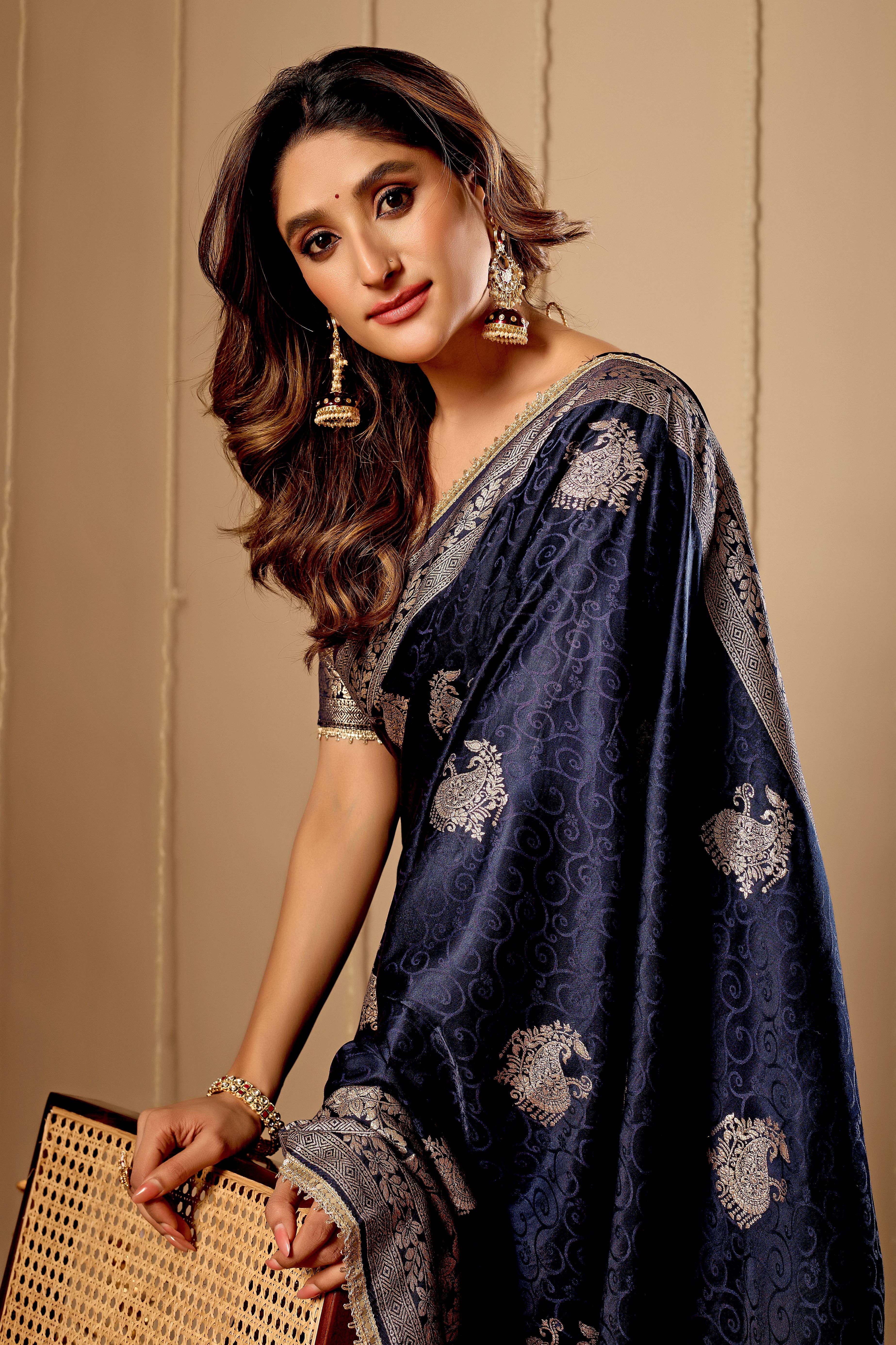 Royal Midnight Blue Satin Silk Saree with Antique Silver Zari Motifs ...