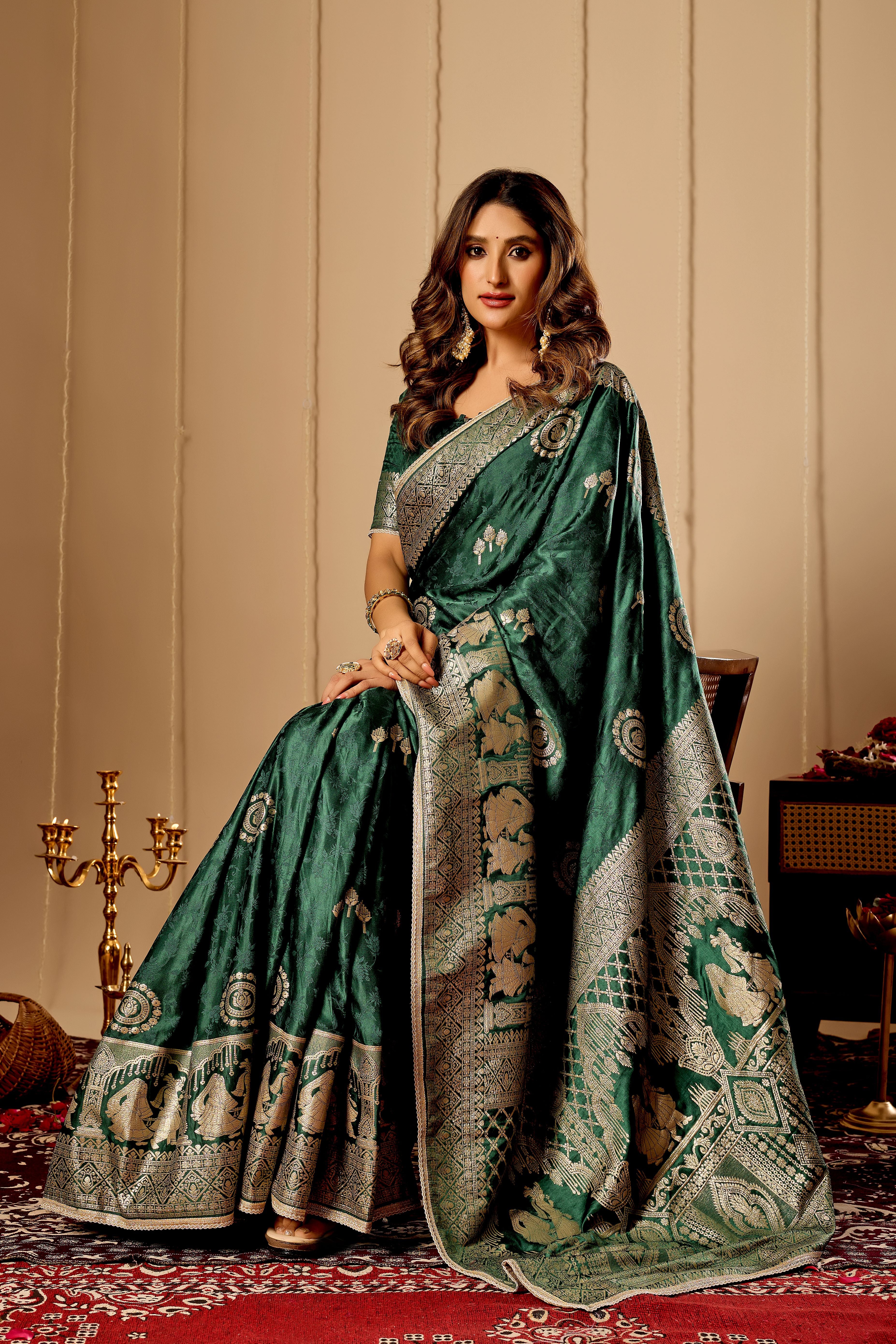 Emerald Green Royale Satin Silk Saree with Antique Gold Zari Weave ...