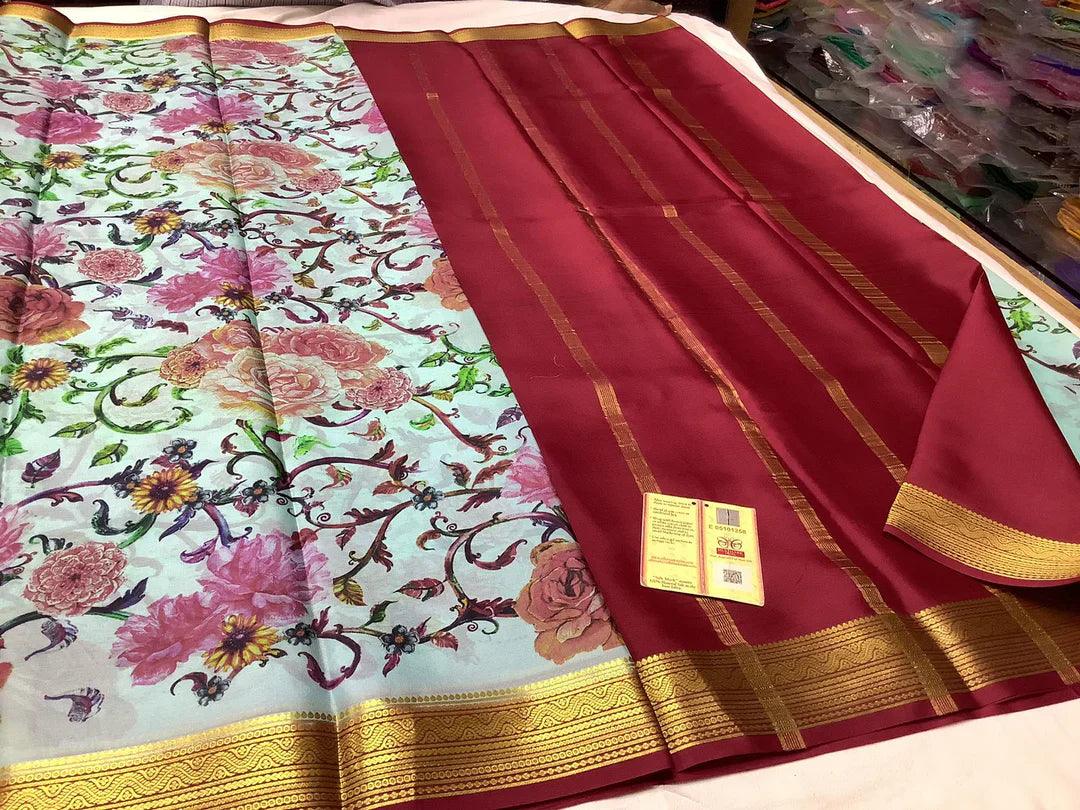 Stylish Mysore Printed Floral Silk Sarees – Mysore Pattu