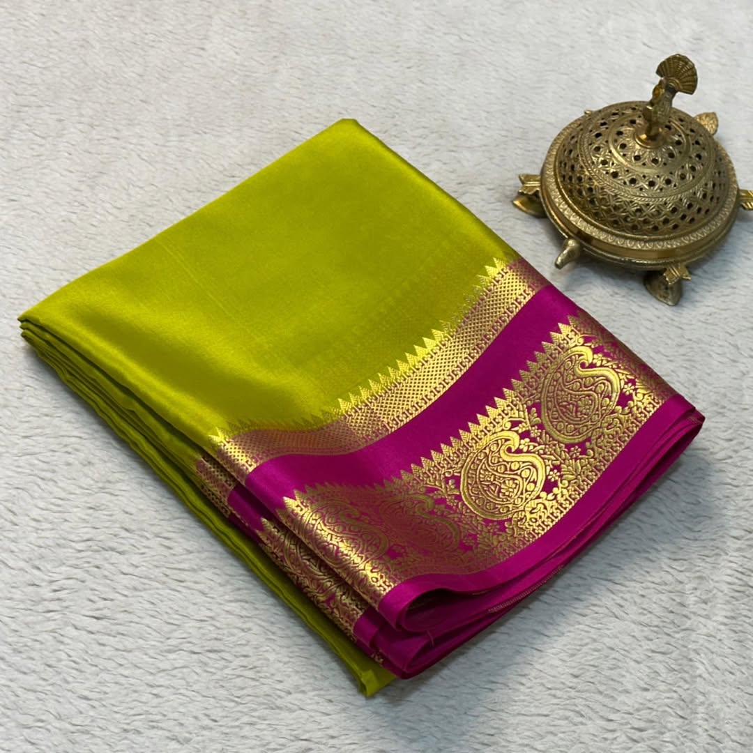 Mysore Silk: Mango Bentex Border Sarees with Line Pallu – Mysore Pattu