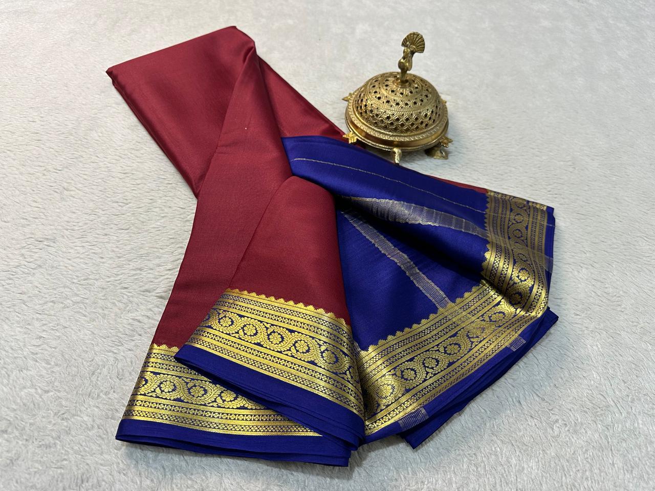 💞Beautiful Pure Mysore silk sarees in Elegant Traditional border in be ...
