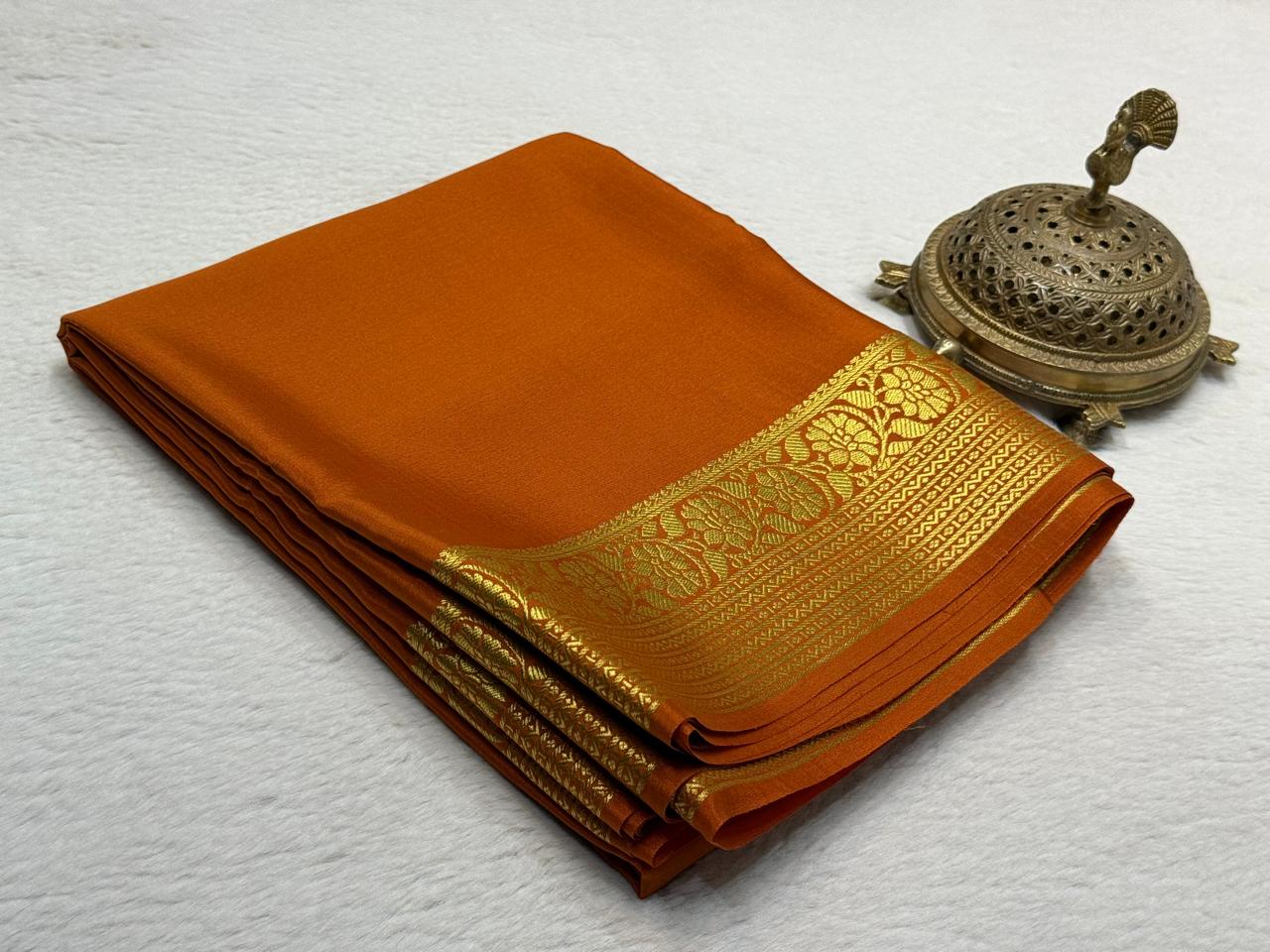 Elegant Mysore Silk Saree with Floral-Lines Border & Rich Pallu in Sol ...