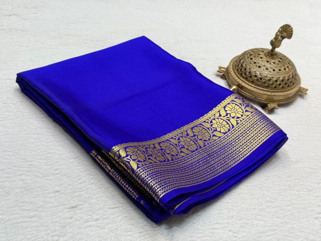 Elegant Mysore Silk Saree with Floral-Lines Border & Rich Pallu in Sol ...
