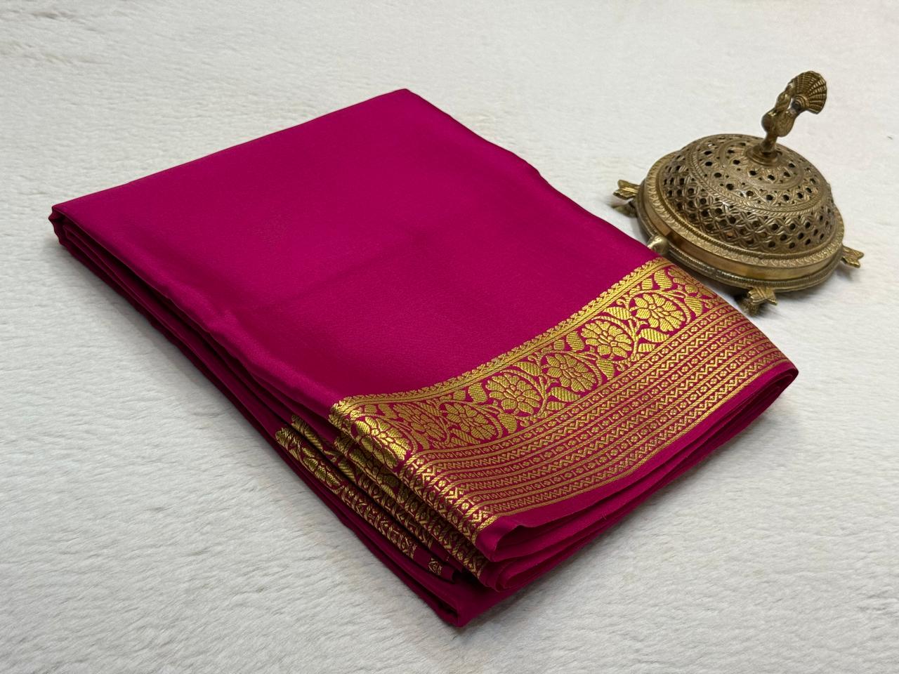 Elegant Mysore Silk Saree with Floral-Lines Border & Rich Pallu in Sol ...